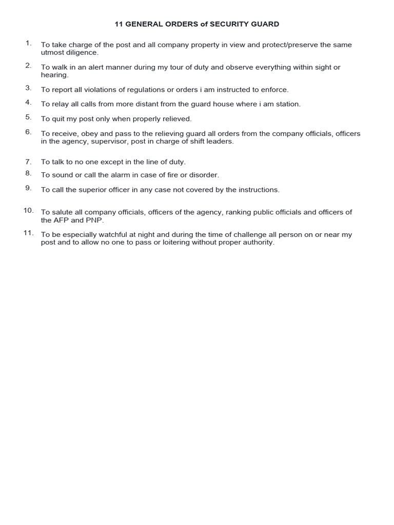 11 General Orders of Security Guard | PDF