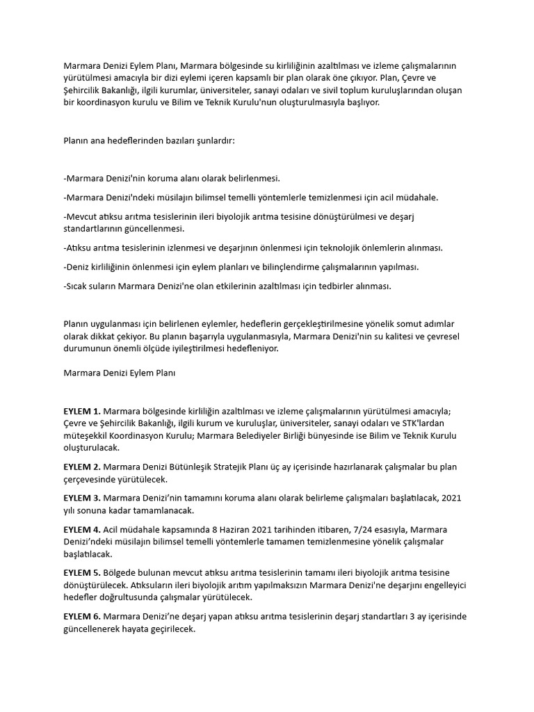 Marmara Denizi Eylem Planı | PDF