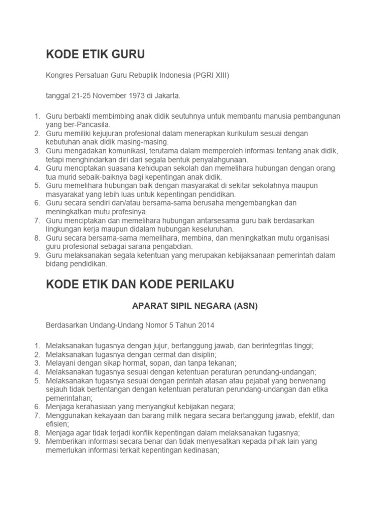 Kode Etik Guru dan ASN dalam Pendidikan | PDF