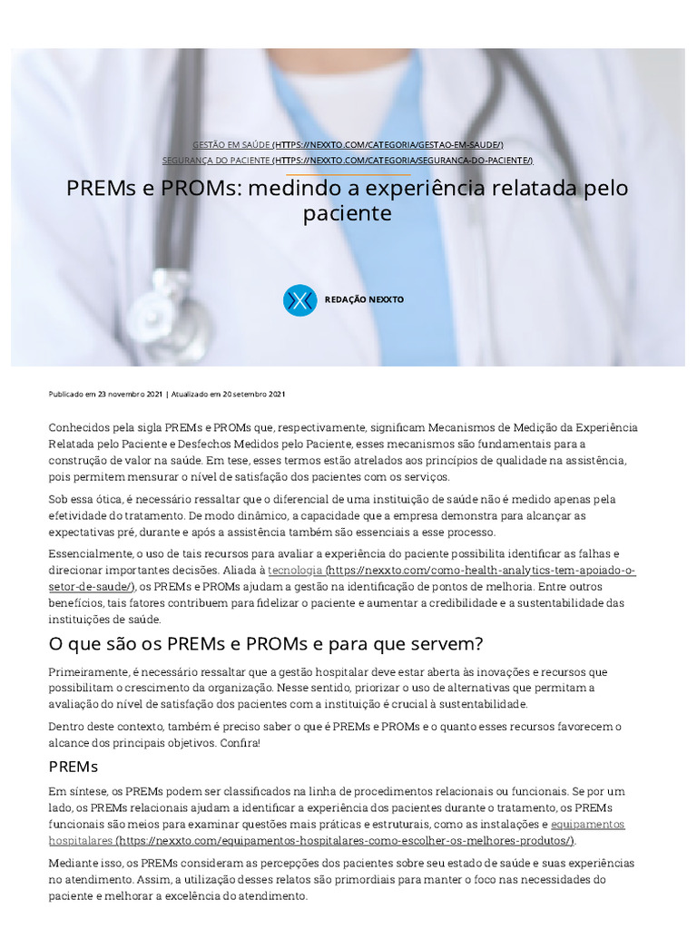 PREMs e PROMs - Medindo A Experiência Relatada Pelo Paciente - Nexxto ...