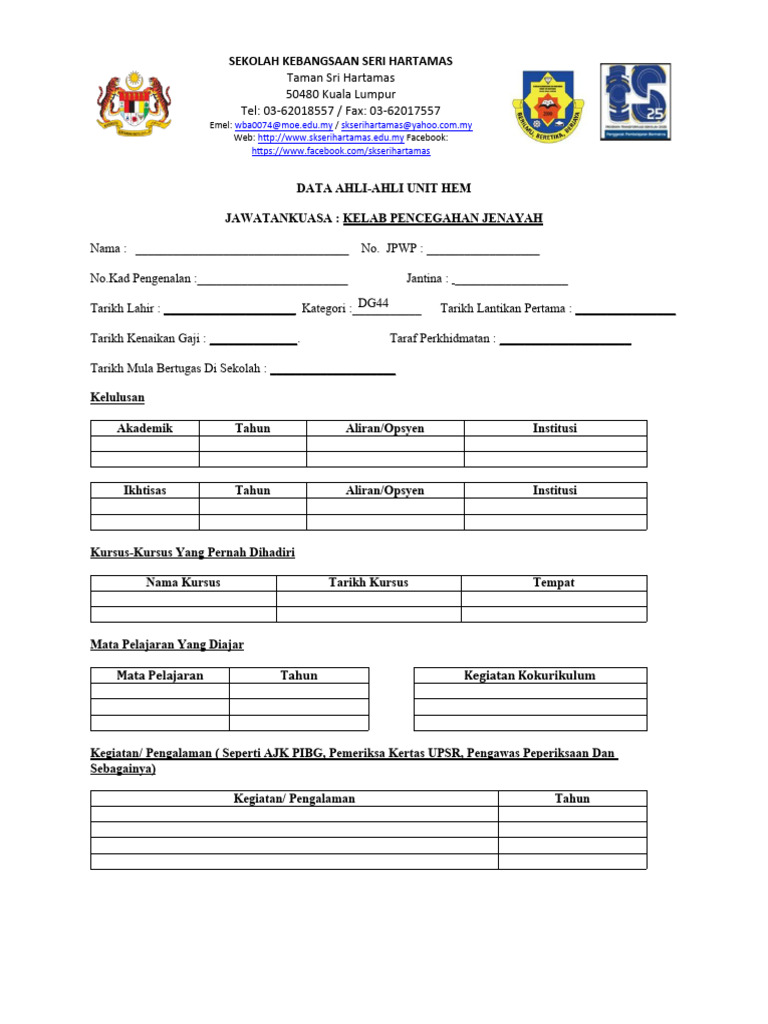 BORANG TEMPLATE BIODATA AJK UNIT HEM- KPJ | PDF