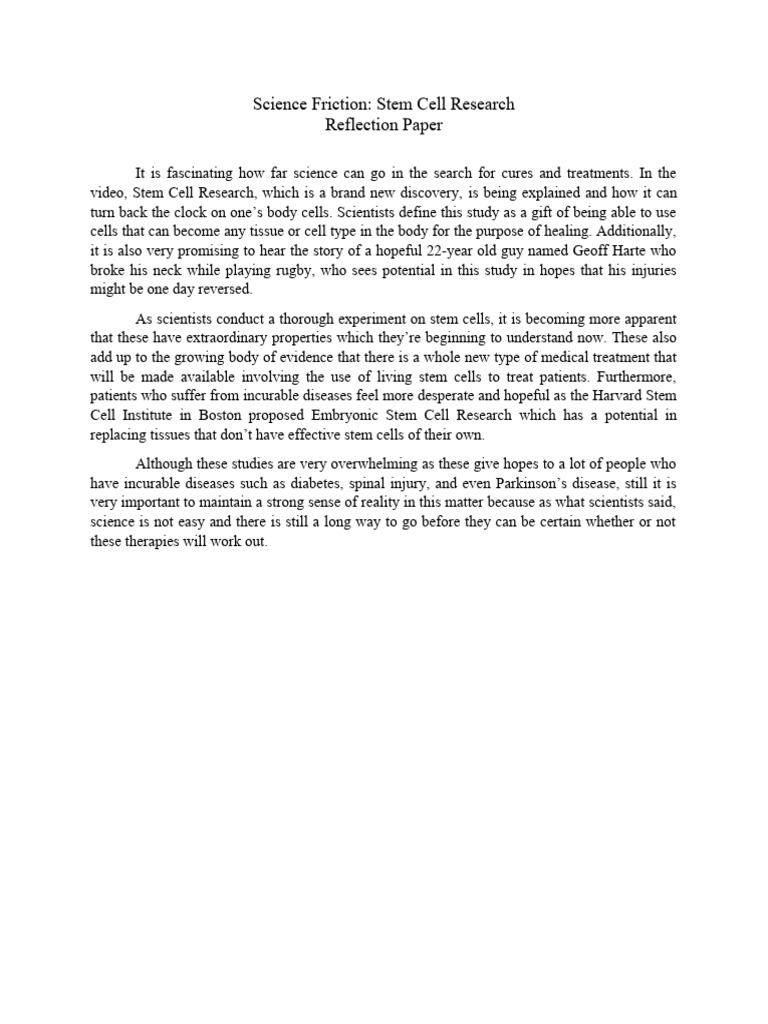 Stem Cell Research Reflection Paper | PDF