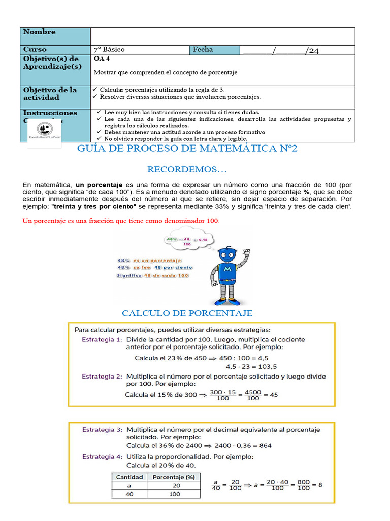 Guía de Porcentajes para 7° Básico | PDF | Porcentaje | Aritmética