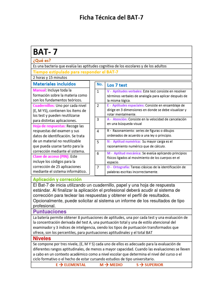 Ficha Técnica BAT 7 | PDF | Inteligencia | Ciencia cognitiva