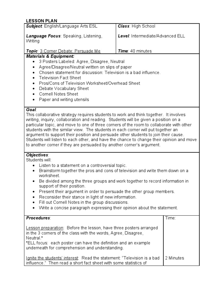 High School ESL Debate Lesson Plan | PDF | Lesson Plan | Reading ...