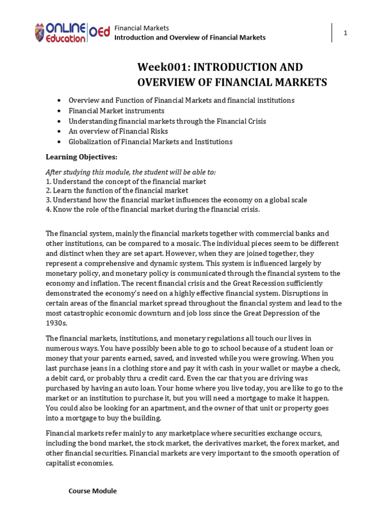 Week 01 - Module 01 - Introduction and Overview of Financial Markets ...