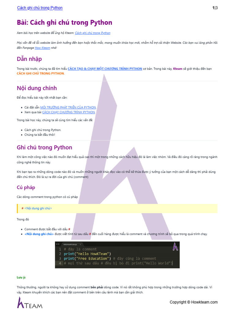 HOWKTEAM - VN - Cách Ghi Chú Trong Python | PDF