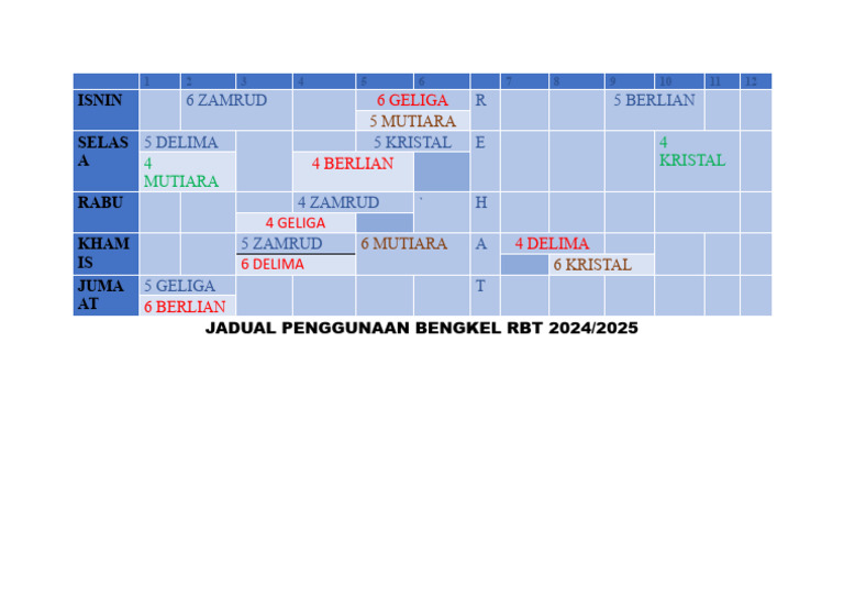 Jadual Penggunaan Bengkel RBT | PDF