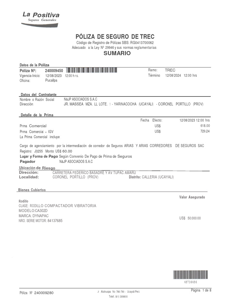 Trec de Rodillo Liso Vibratorio Dynapac 2024 | Descargar gratis PDF | Póliza de seguros | Seguro