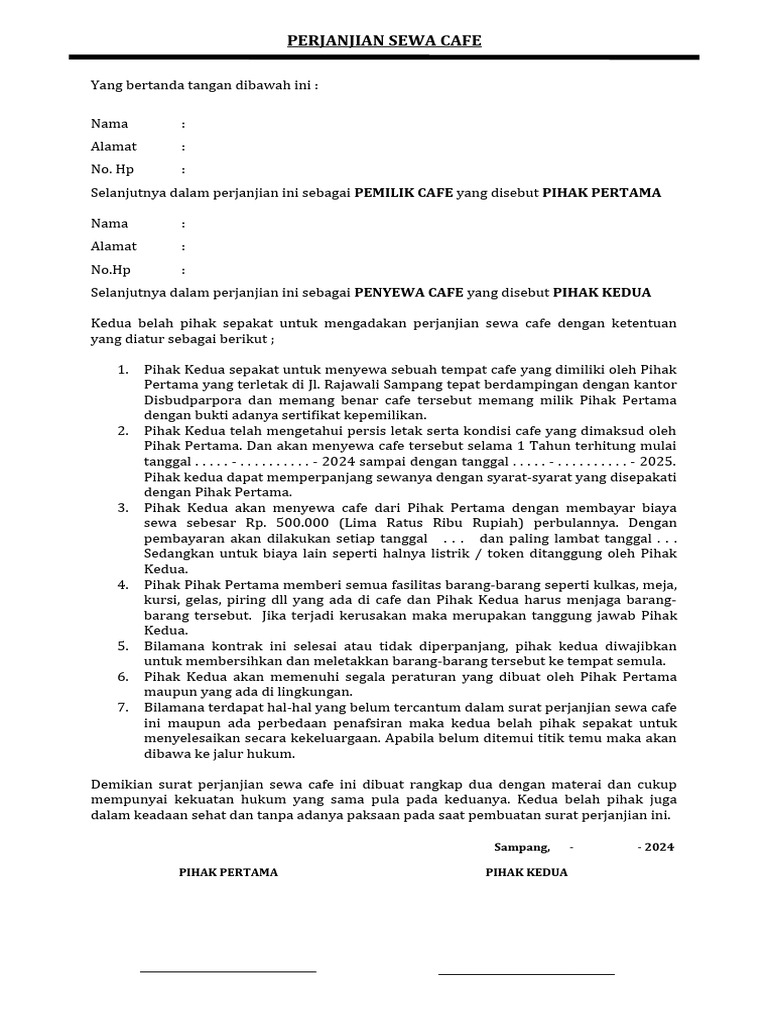 Perjanjian Sewa Cafe 2024-2025 | PDF | Pengelolaan Keuangan & Uang | Hukum