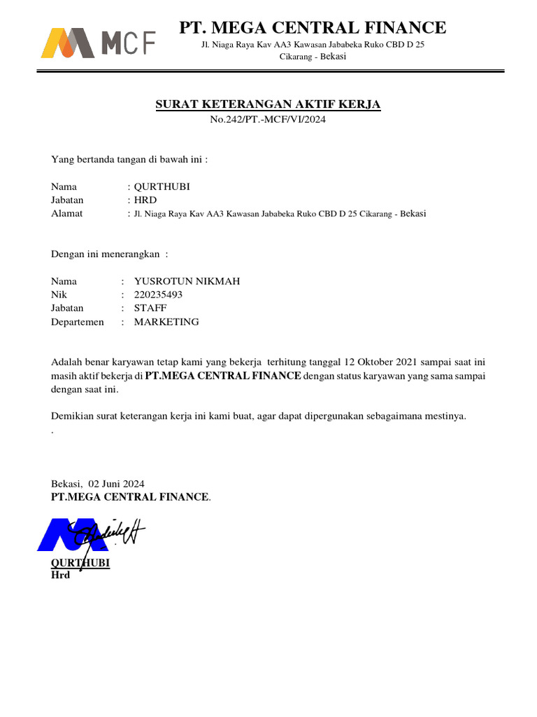Surat Keterangan Aktif Kerja PT - Mega Central Finance-1 | PDF