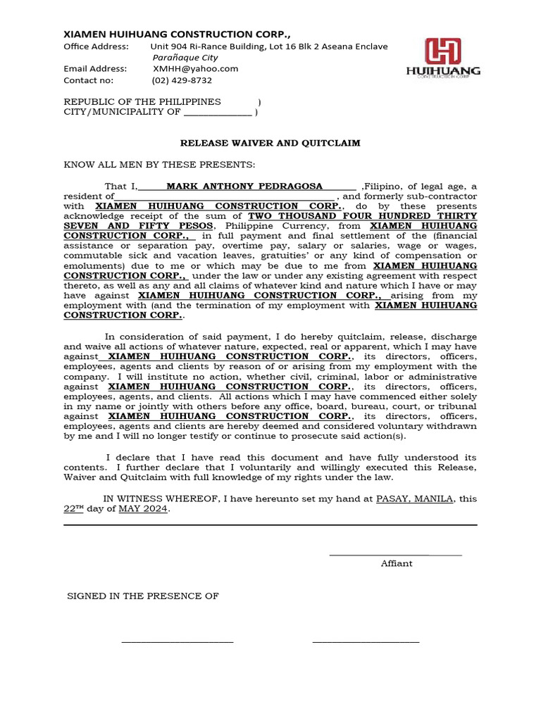 Waiver-Release-And-Quitclaim_TEMPLATE | PDF | Employment | Salary