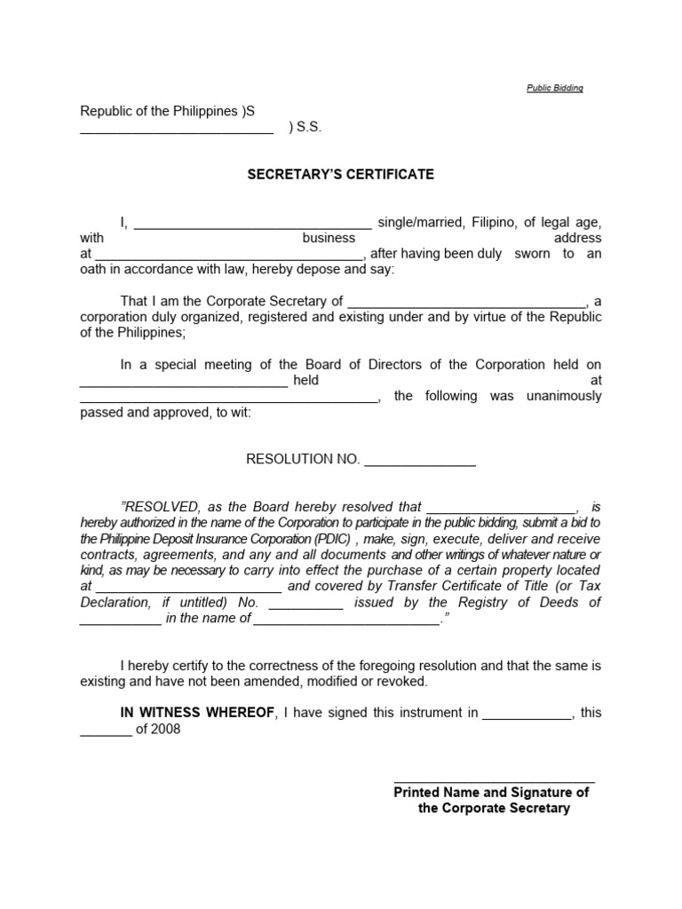 Secretary's Certificate | PDF | Notary Public | Private Law