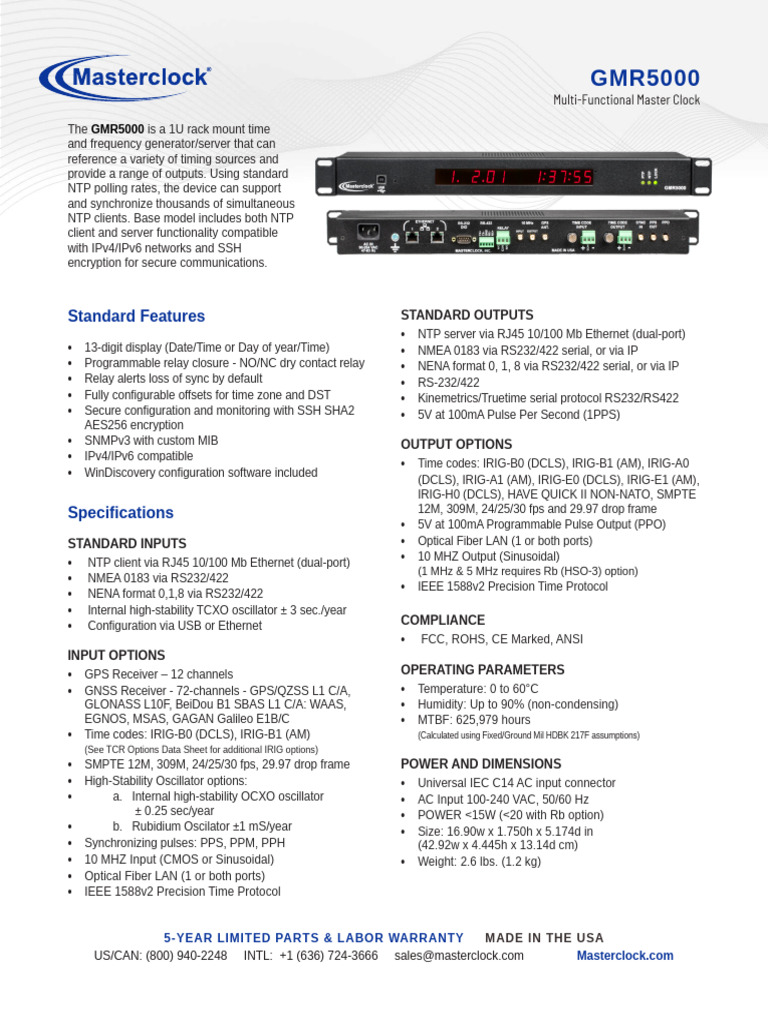 Masterclock GMR5000 Data Sheet 2023 | PDF | I Pv6 | Computing
