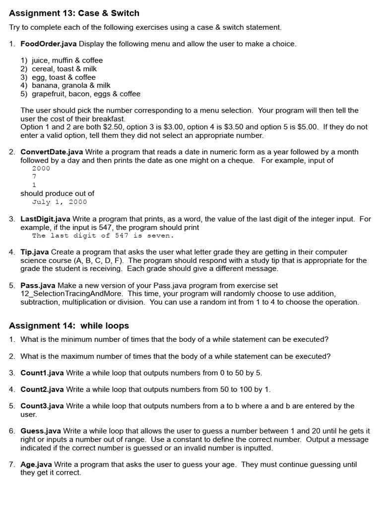 Assignment 13, 14, & 15 - Case Switch, While Loops, and Do While Loops | PDF | Control Flow ...