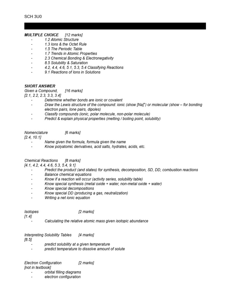 (2019S) SCH3U Final Exam - Outline | PDF | Chemical Compounds ...