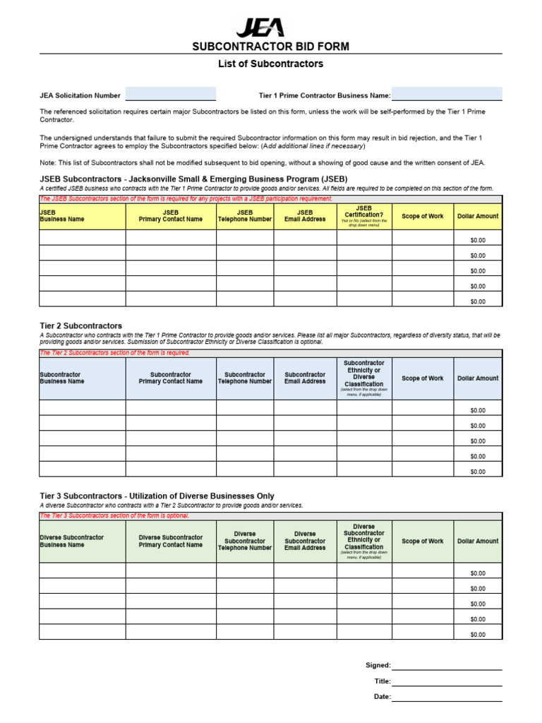 Subcontractor Bid Form Overview | PDF | General Contractor
