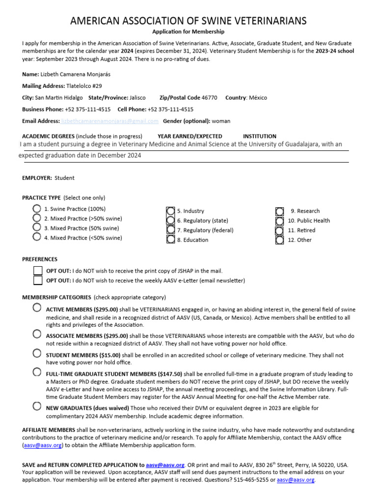 AASV Membership Application 2024 | PDF | Medicine | Animal Welfare