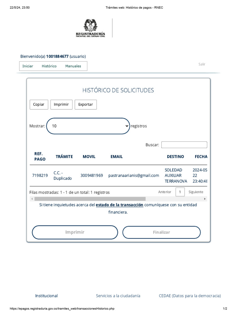 Trámites Web - Histórico de Pagos - RNEC | Descargar gratis PDF ...