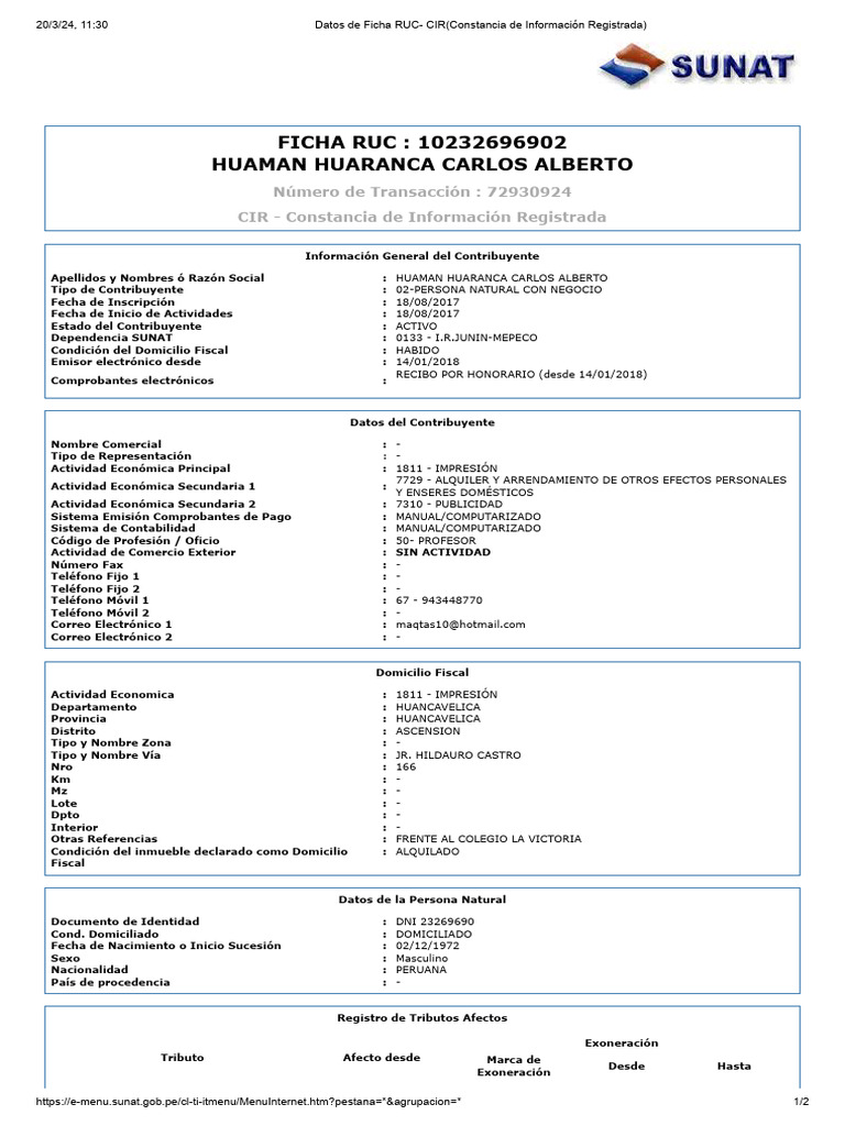Ficha Ruc Carlos 2024 Actualizado | PDF | Documento de identidad