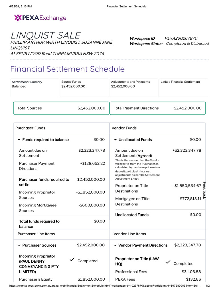 Financial Settlement Schedule Linquist | PDF | Mortgages | Debt