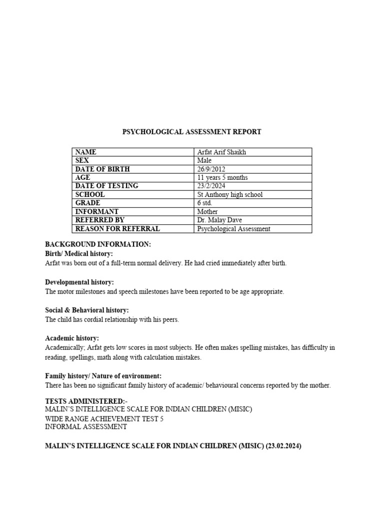 Arfat | PDF | Wechsler Adult Intelligence Scale | Intelligence Quotient