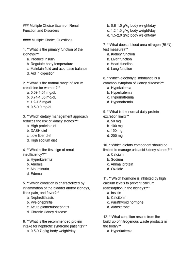 Renal Function and Disorders Exam | PDF | Kidney | Arthritis
