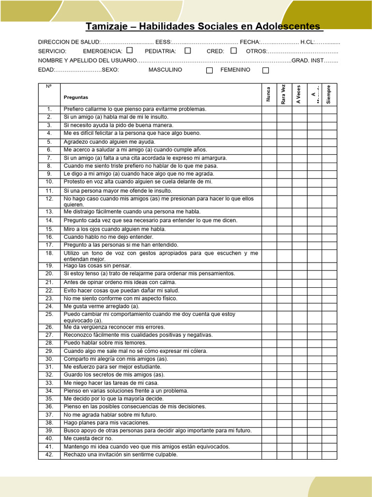 LISTA DE EVALUACIÓN DE HABILIDADES SOCIALES | PDF