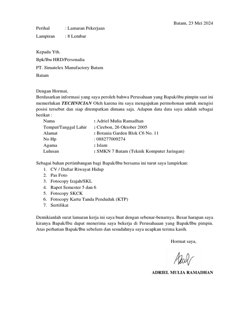 Surat - Lamaran - Kerja - Dan - CV Adriel Mulia | PDF