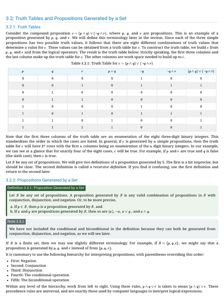 3.2: Truth Tables and Propositions Generated by A Set | PDF ...
