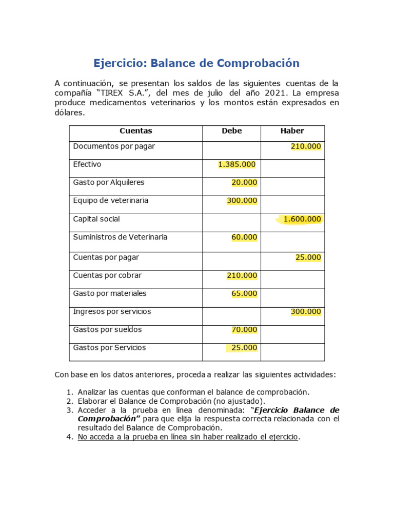Documento para Realizar El Ejercicio Balance de Comprobación | PDF