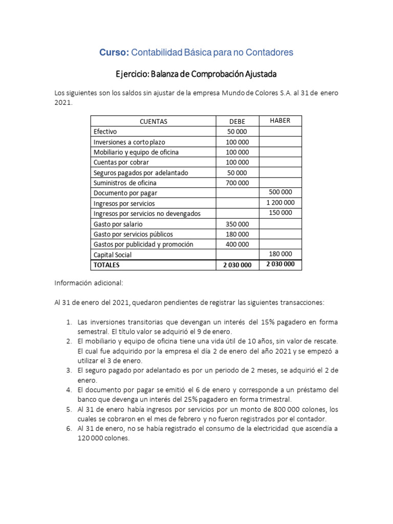 Documento para Realizar El Ejercicio de Balance de Comprobación Ajustado | PDF | Contabilidad ...