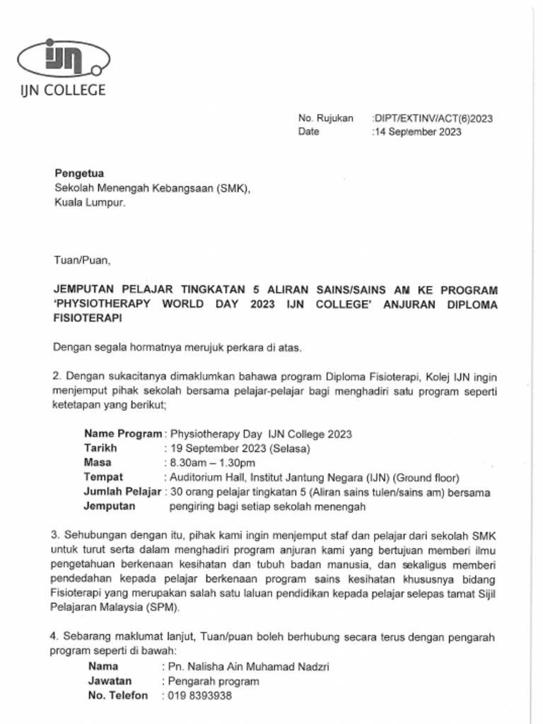 Surat Jemputan Ke Program Diploma Fisioterapi IJNC - SMK | PDF
