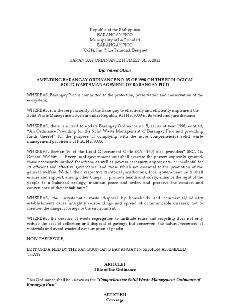 Solid Waste Management Ordinance | Municipal Solid Waste | Waste Management