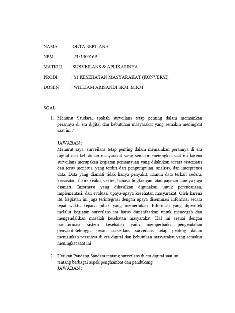 Okta Septiana - 235130016P - Tugas Surveilans | PDF | Pengembangan Diri