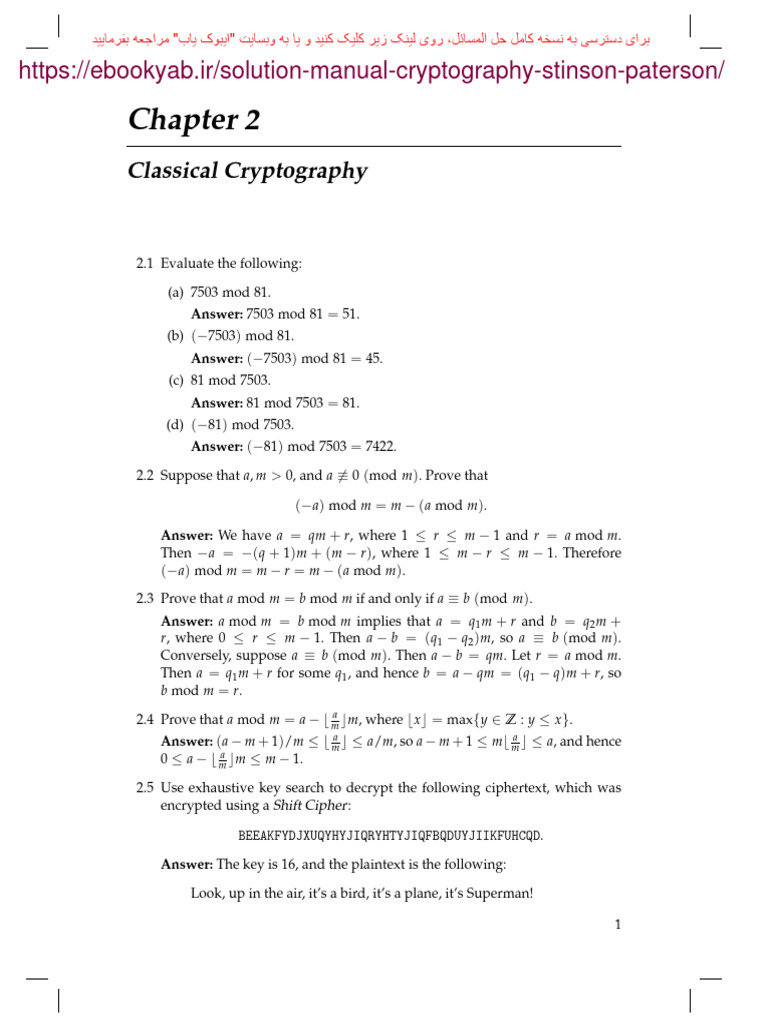 Sample For Solution Manual Cryptography 4th Edition By Douglas Stinson And Maura Paterson Pdf