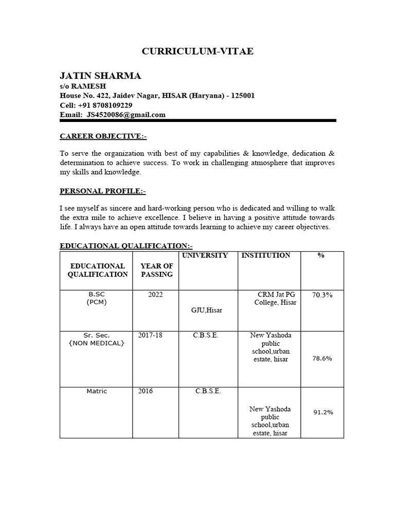 Jatin cv | PDF | Cognition