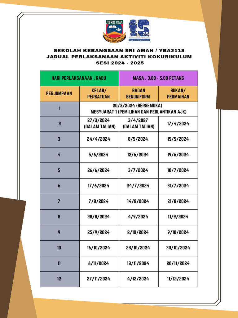 JADUAL PERLAKSANAAN AKTIVITI KOKURIKULUM SESI 2024 - 2025 | PDF JADUAL PERLAKSANAAN AKTIVITI KOKURIKULUM SESI 2024 - 2025 | PDF