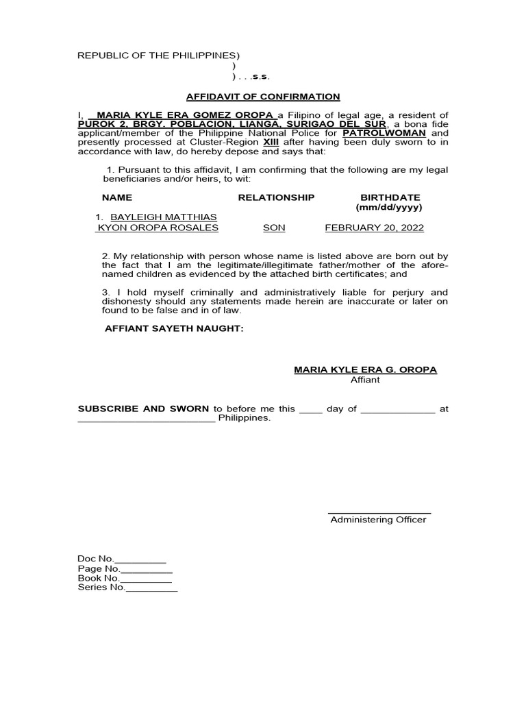 Affidavit of Confirmation Template | PDF