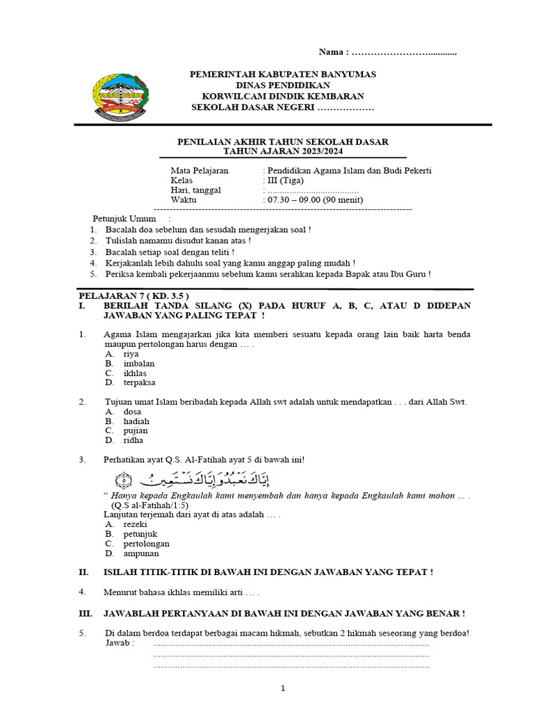 Soal PAT PAI Kelas 3 ALIFAH | PDF