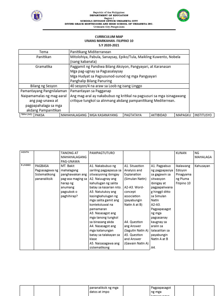 Curriculum Map Filipino 10 1 230606130528 33b26ba2 | PDF