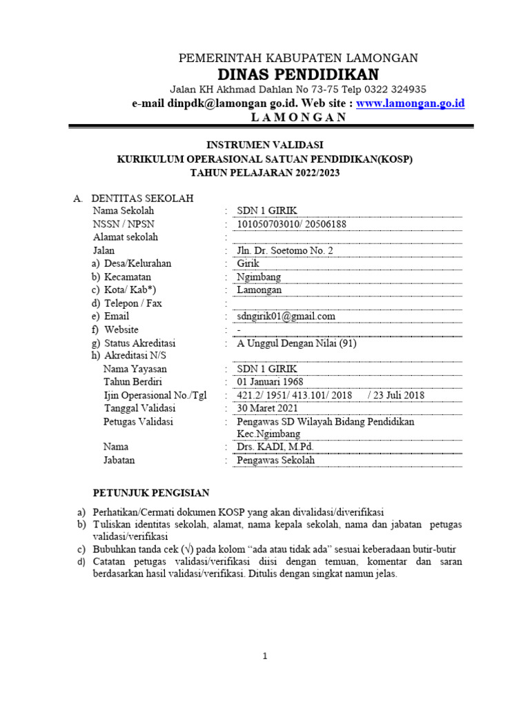 VALIDASI KOSP - 2022 Ngimbang | PDF