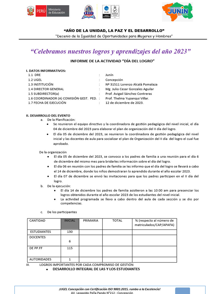 Informe Dia Del Logro | PDF | Educación de la primera infancia