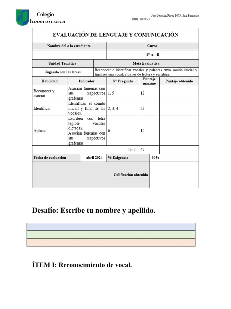 Evaluación 1 De Lenguaje Y Comunicación Primero Básico Pdf