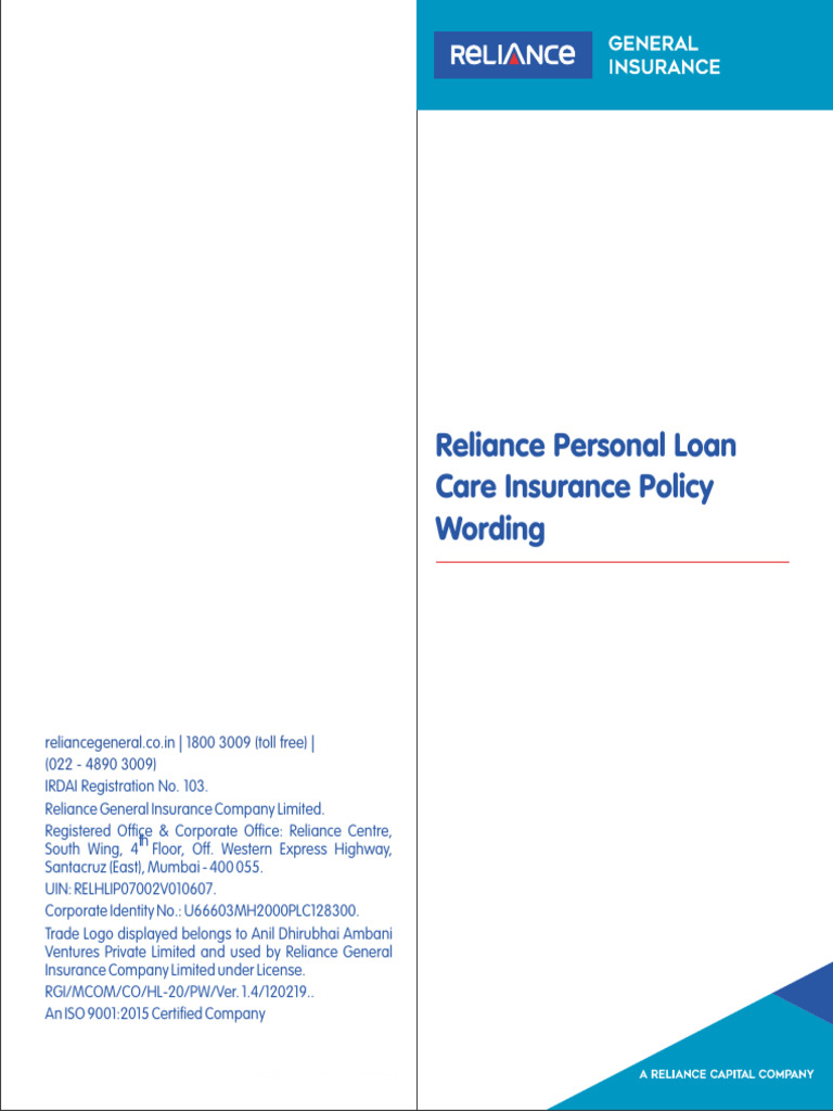 Reliance Personal Loan Insurance Policy | PDF | Insurance | Coronary ...