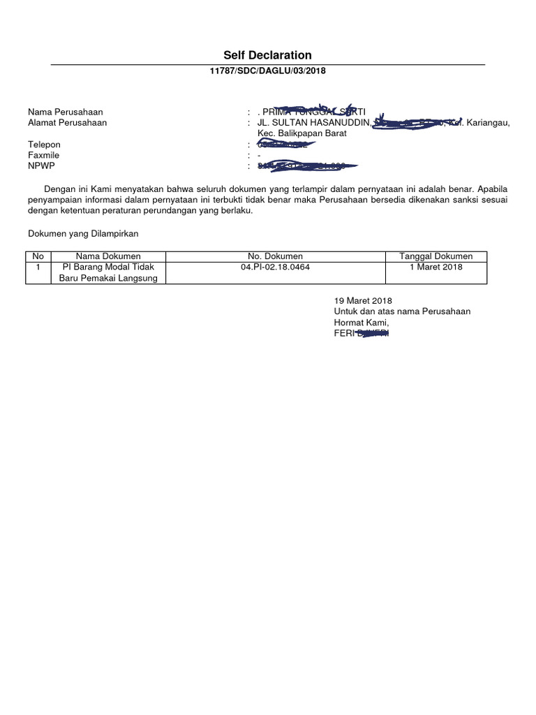 Contoh Surat Self Declaration Import 2018 | PDF