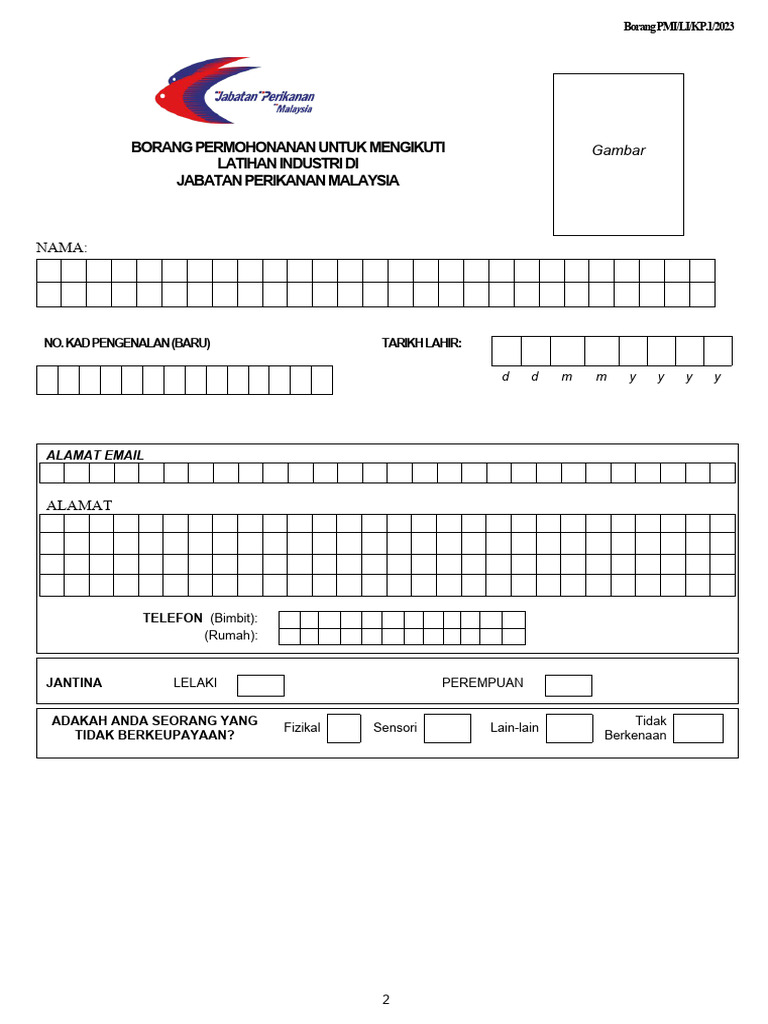 Borang Permohonan Latihan Industri Borang PMI - LI - KP.1 - 2023 | PDF