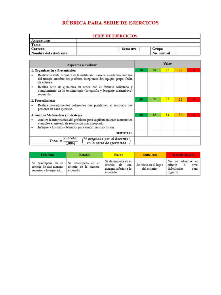 Rúbrica Serie de Ejercicios | PDF