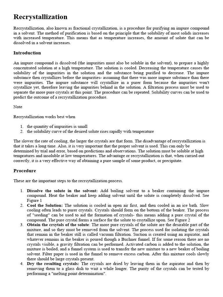 Recrystallization | PDF | Solubility | Scientific Phenomena
