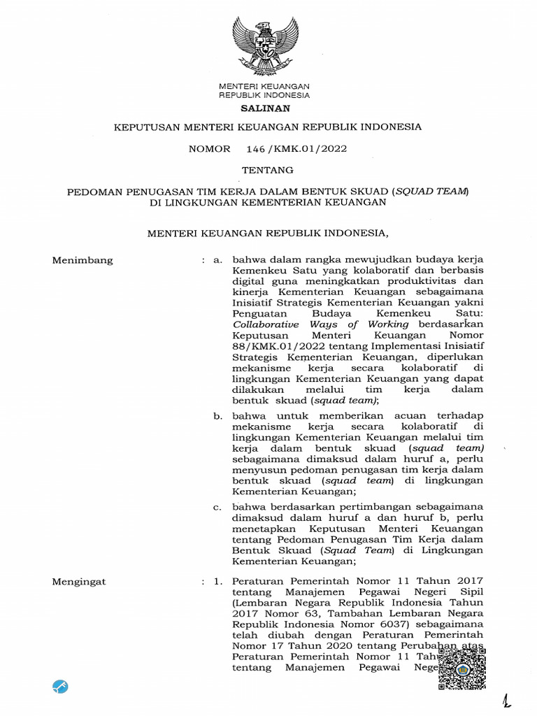 KMK2022-146 - Pedoman Penugasan Tim Kerja Dalam Bentuk Skuad (Squad Team) Di Lingkungan ...